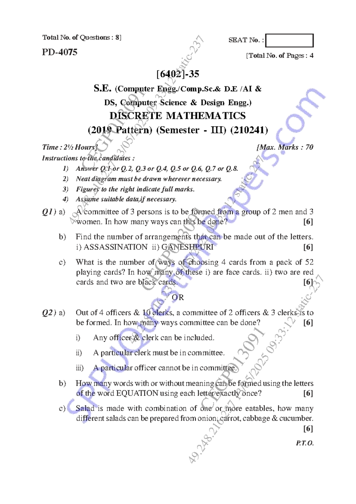 S.E. (Computer D.E DS) Discrete Mathematics (2019 Pattern) Exam Paper ...