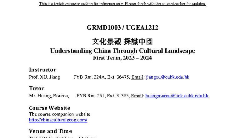 2324T1 UGEA1212 FA - Understanding China Through Cultural Landscape ...