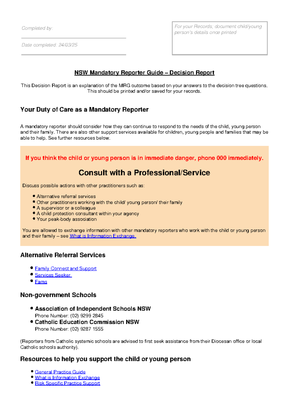 NSW MRG Decision Report: Duty of Care & Support Services Guide - Studocu