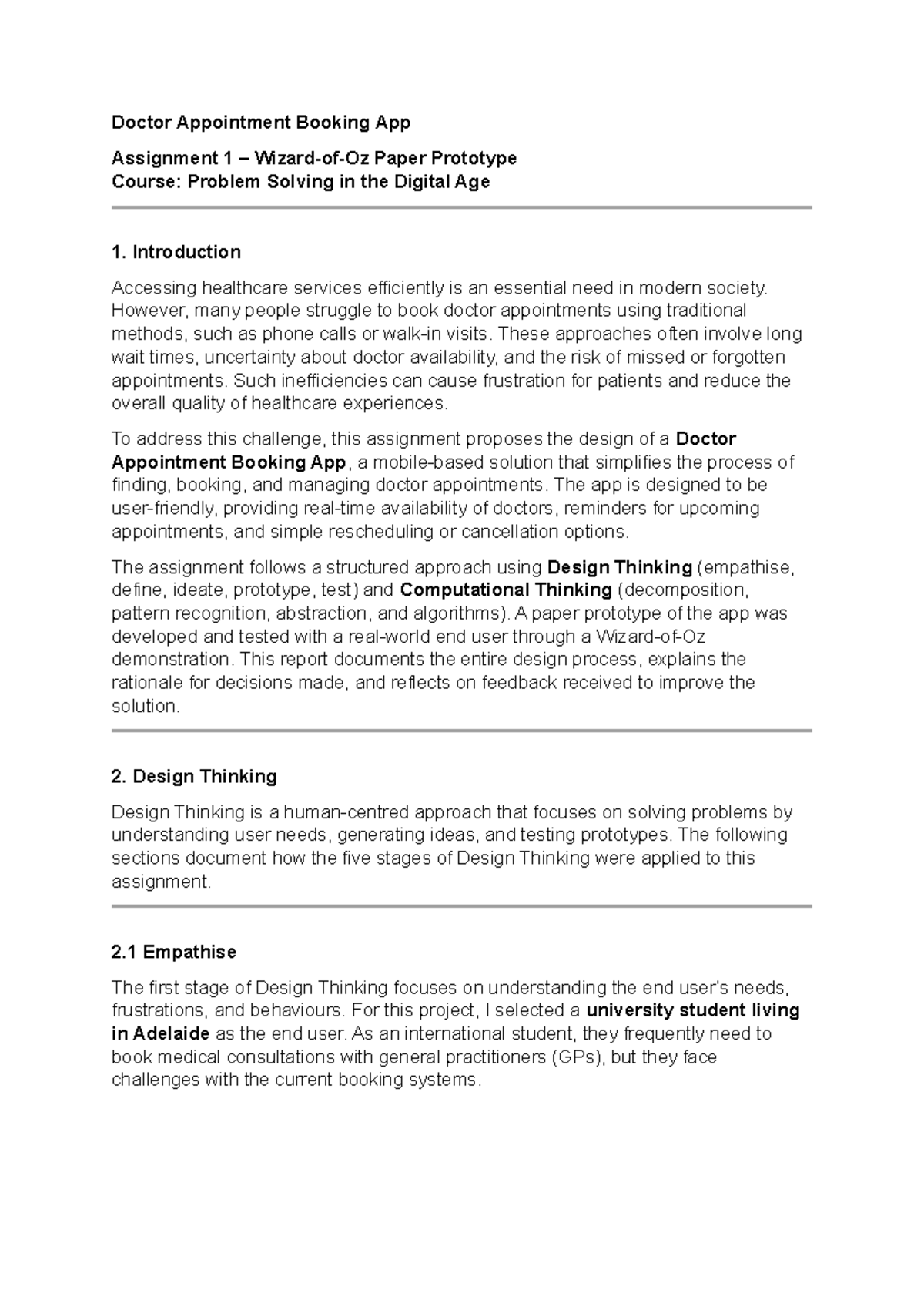 Doctor Appointment Booking App Assignment 1: Paper Prototype Analysis ...