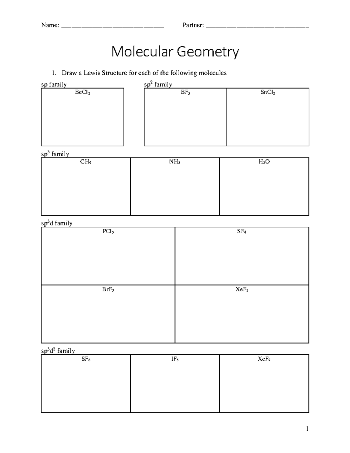Molecular Geometry Worksheet: Lewis Structures & Hybridization Analysis ...