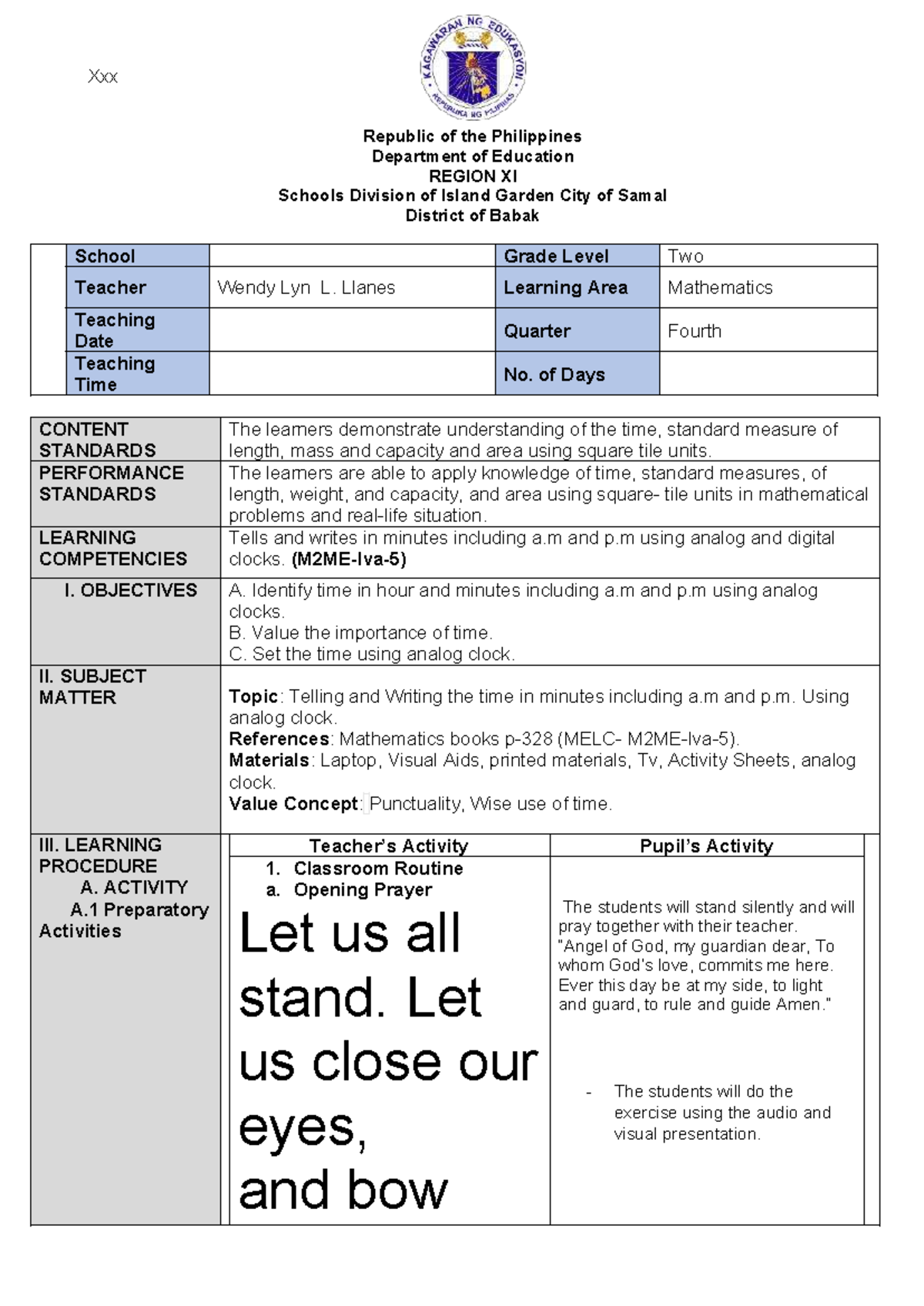 Final Demo Lesson Plan: Telling Time Using Analog Clocks (Math 2) - Studocu