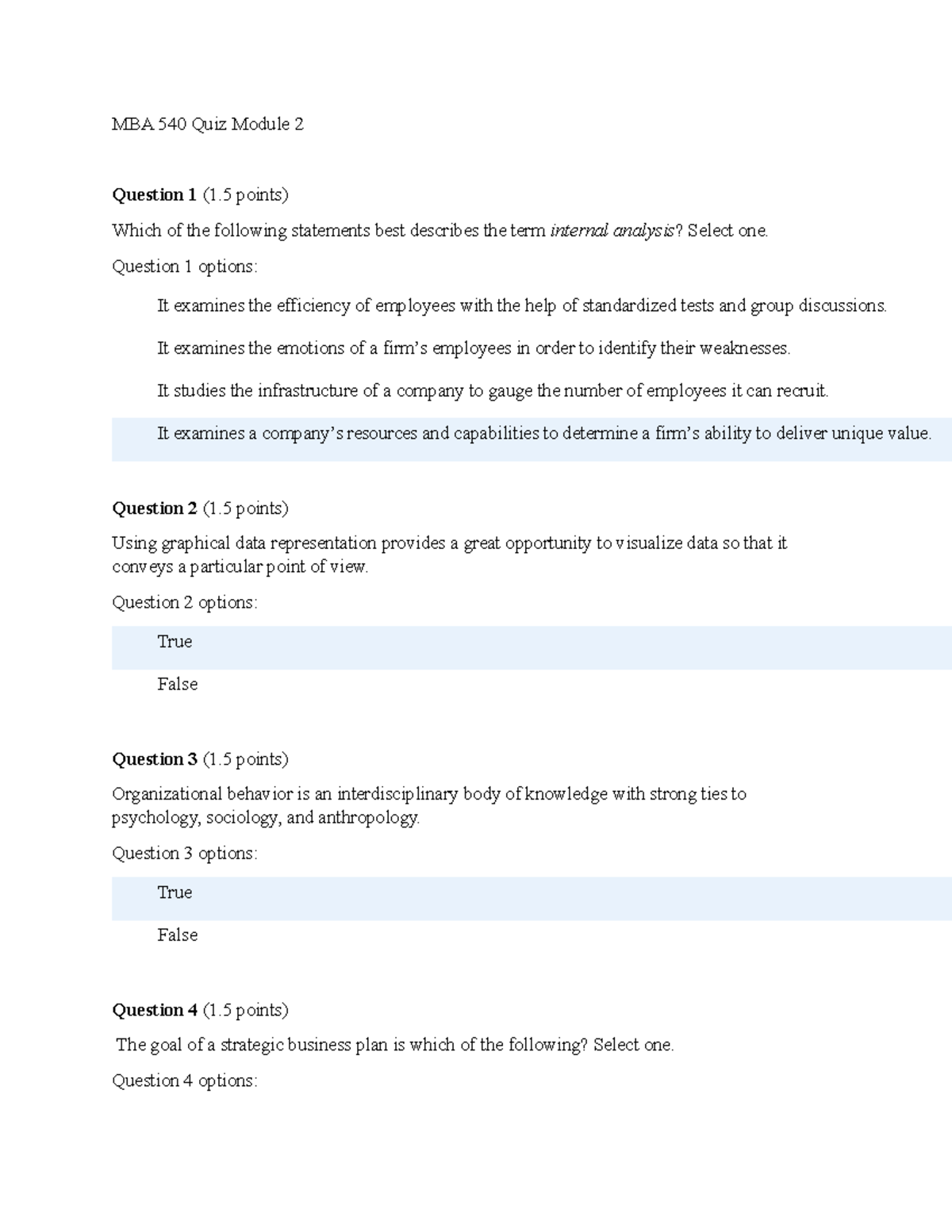 MBA 540 Quiz: Internal Analysis & Organizational Behavior - Studocu