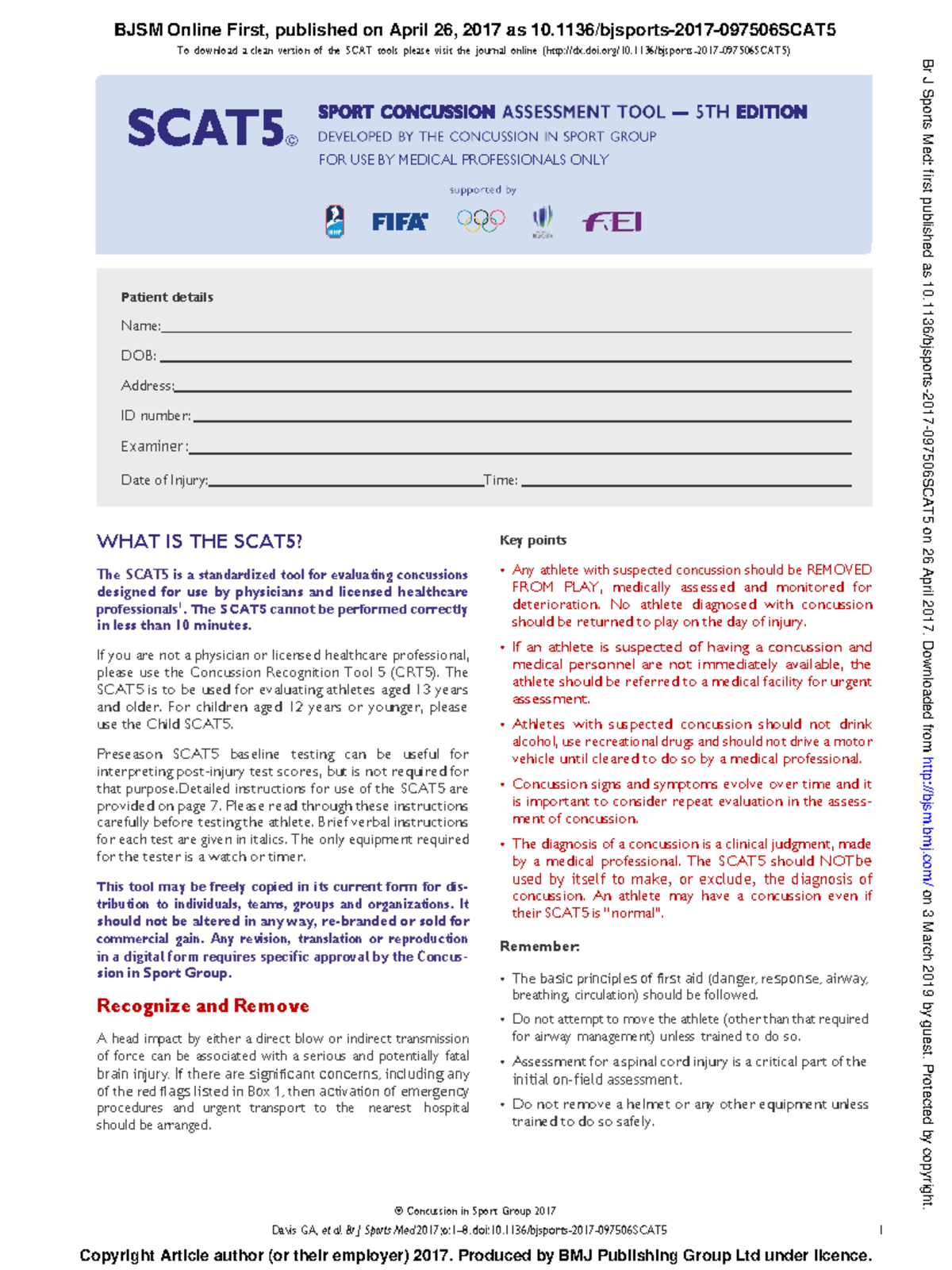 SCAT5 - Sport Concussion Assessment Tool - FOR USE BY MEDICAL ...