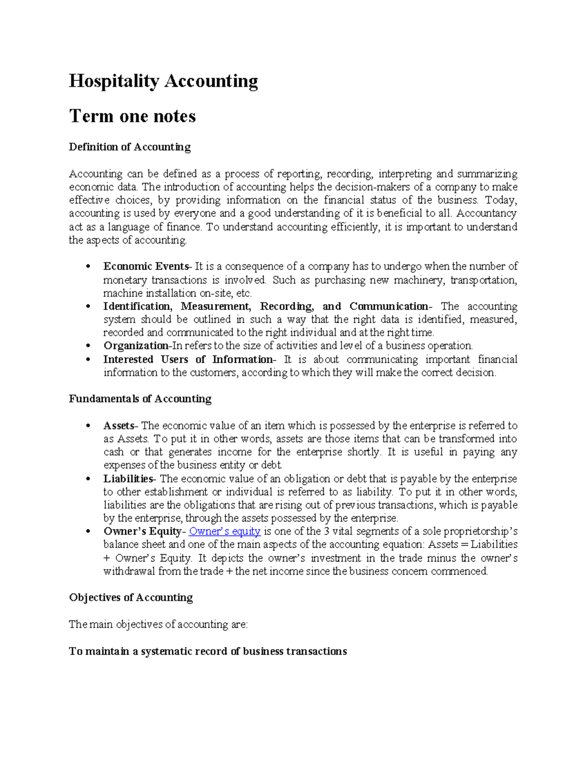 Hospitality accounting notes 093243 - Hospitality Accounting Term one ...