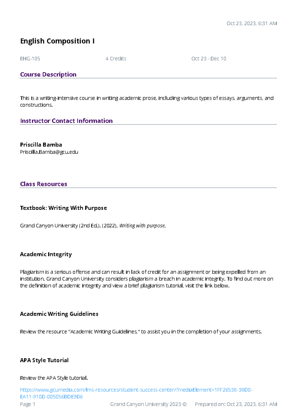 Syllabus for ENG-105 English Composition I (Oct 23 - Dec 10, 2023 ...