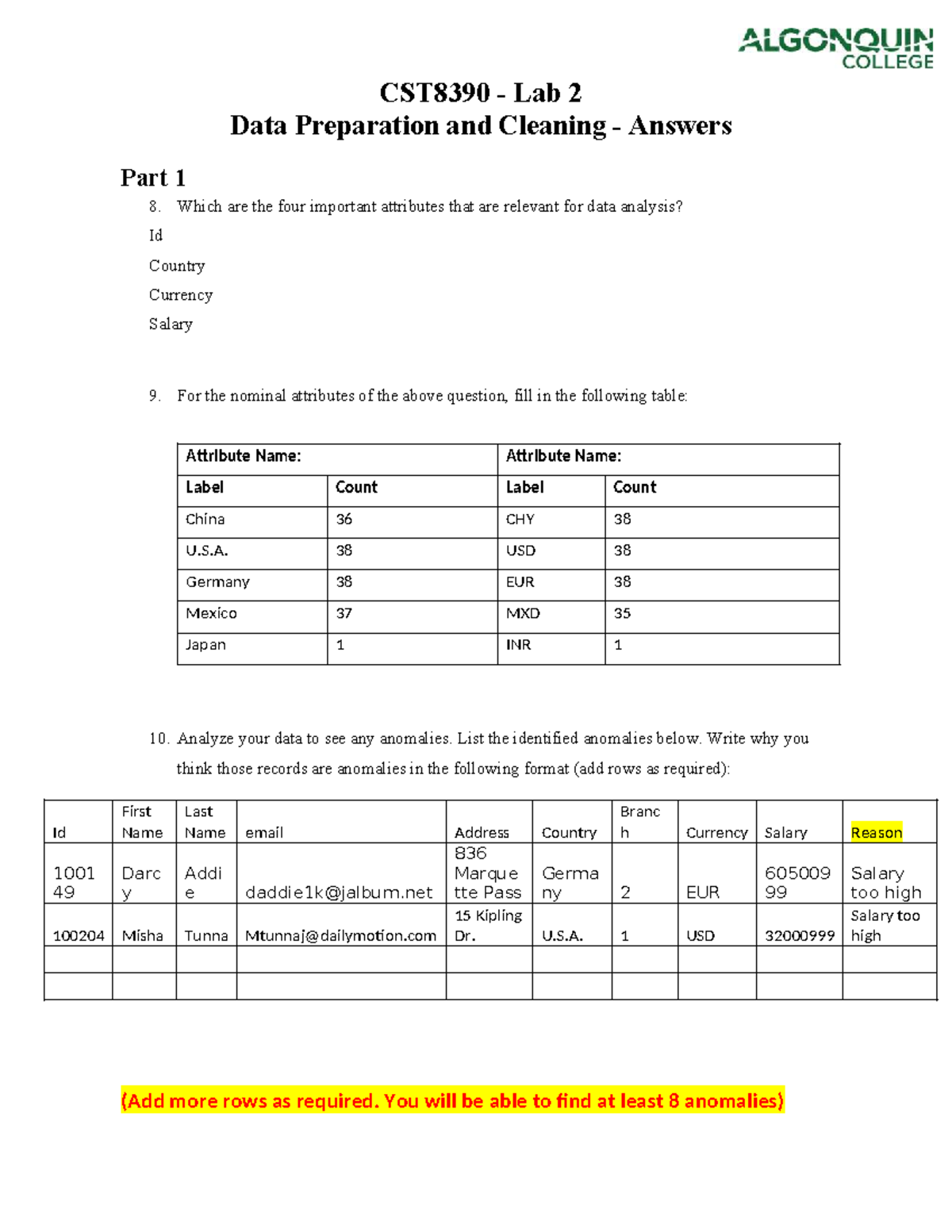 CST8390 Lab 2 Data Preparation & Cleaning Analysis and Answers - Studocu