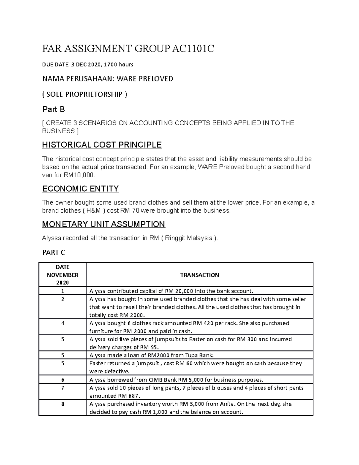 AC110 FAR Assignment: Accounting Concepts Scenarios for WARE Preloved ...