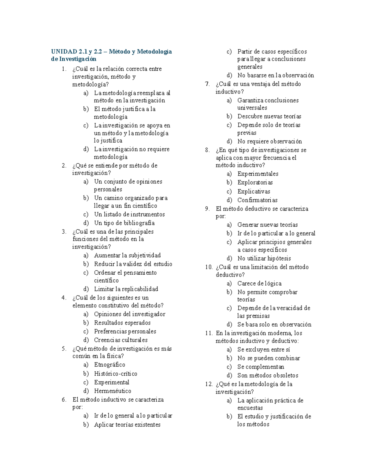 Preguntas de Selección Múltiple – UNIDAD 2 Metodología de la ...