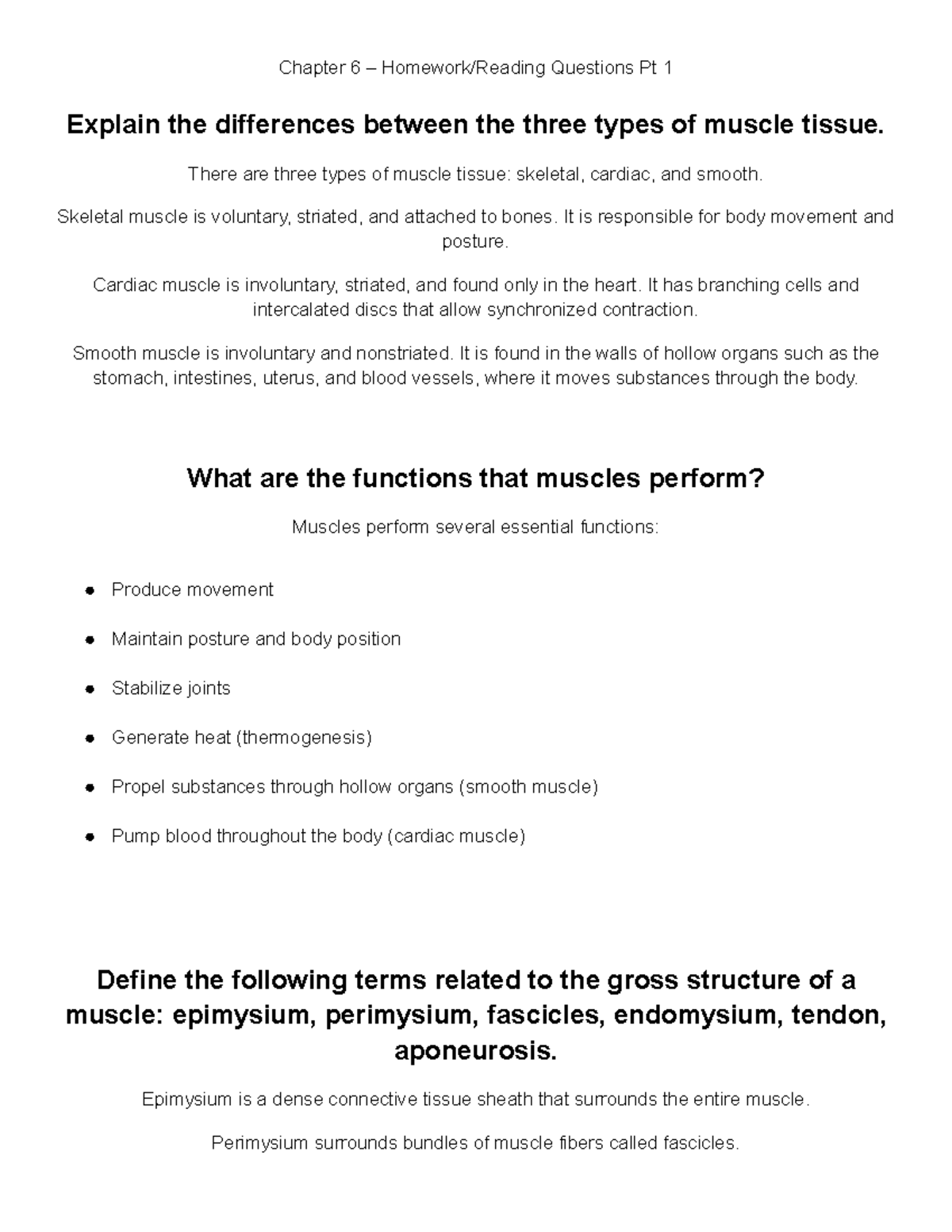 Chapter 6 HW Questions Pt 1: Muscle Tissue Differences & Functions ...