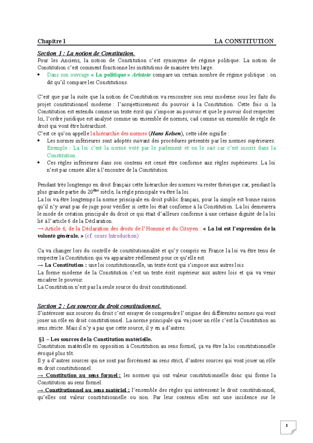 Chap 1 - La Constitution (Cours 1) - Chapitre 1 LA CONSTITUTION Section 1 : La notion de - Studocu
