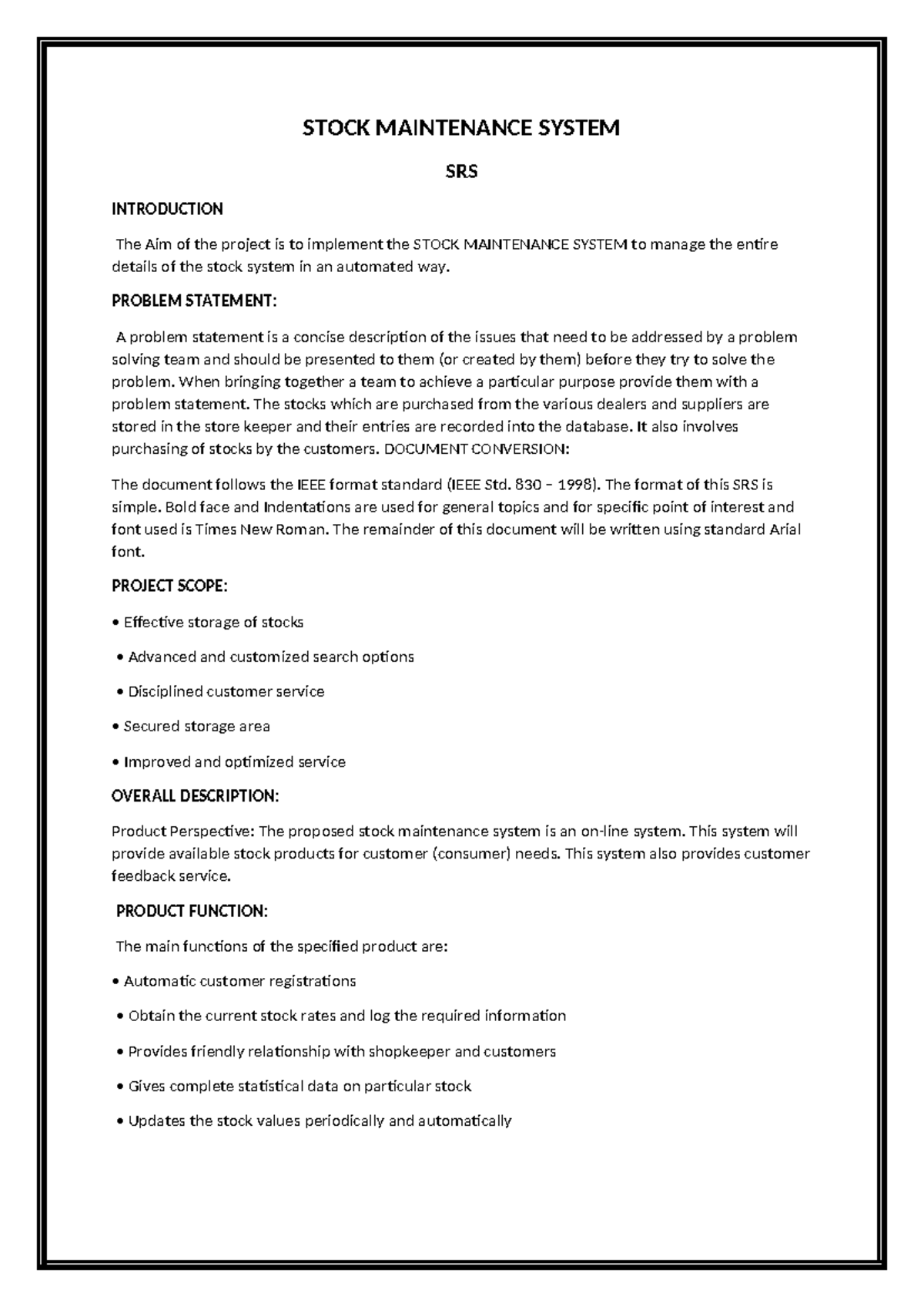 SRS for Stock Maintenance System: Automated Inventory Management - Studocu