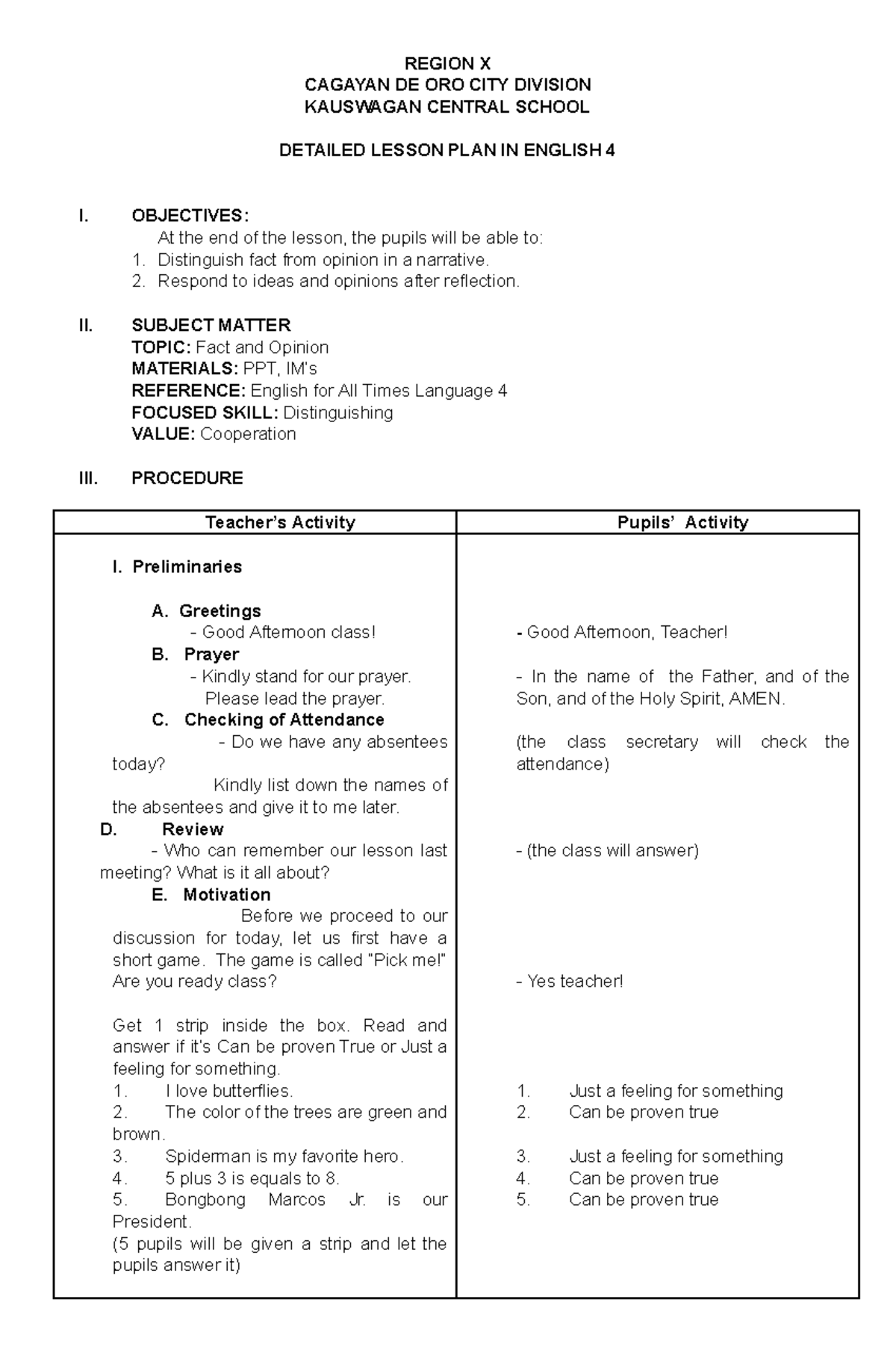 DLP ENGLISH 4: Distinguishing Fact from Opinion Lesson Plan - Studocu