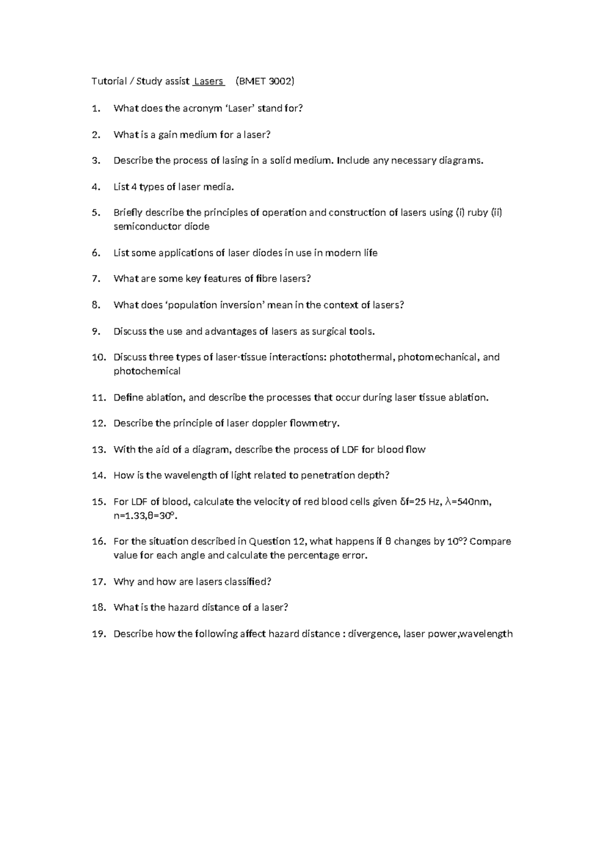 Tutorial Study Guide on Lasers (BMET 3002) - Studocu
