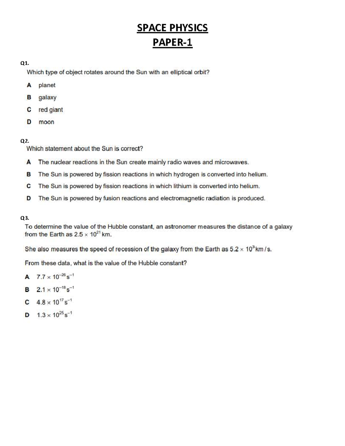 Igcse Space Physics Questions: Q1-Q27 Overview - Studocu