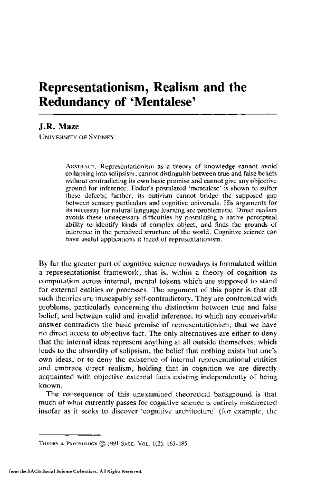 Representationism, Realism and the Redundancy of 'Mentalese' - Studocu