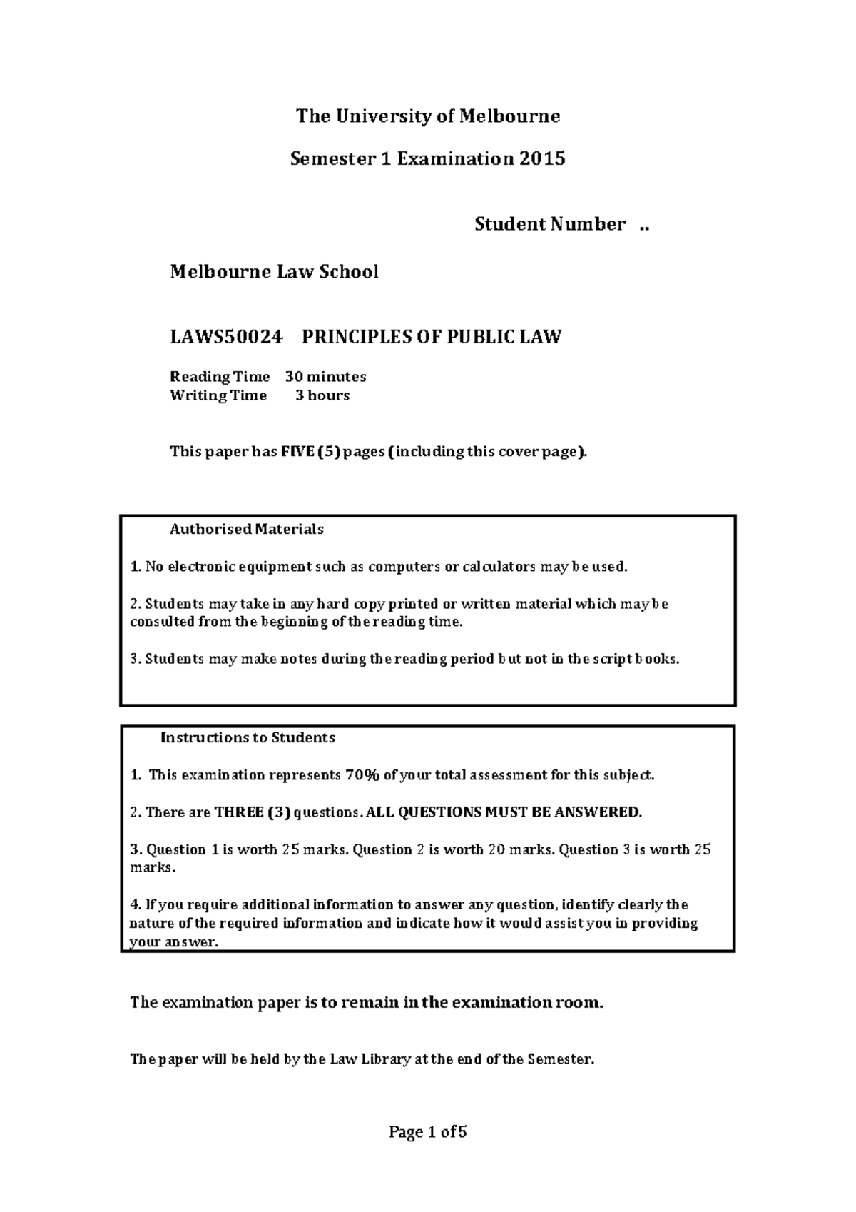 LAWS50024 Final Exam 2015: Principles of Public Law Analysis - Studocu