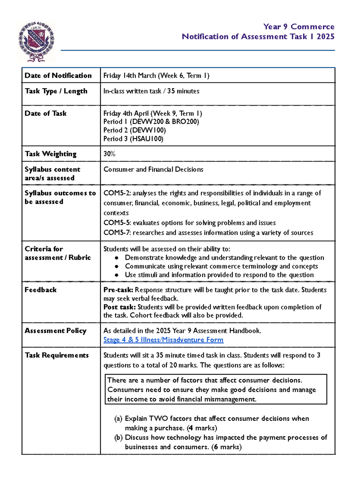 Year 9 Commerce Assessment Task 1 Notification (DEVW200, BRO200) - Studocu