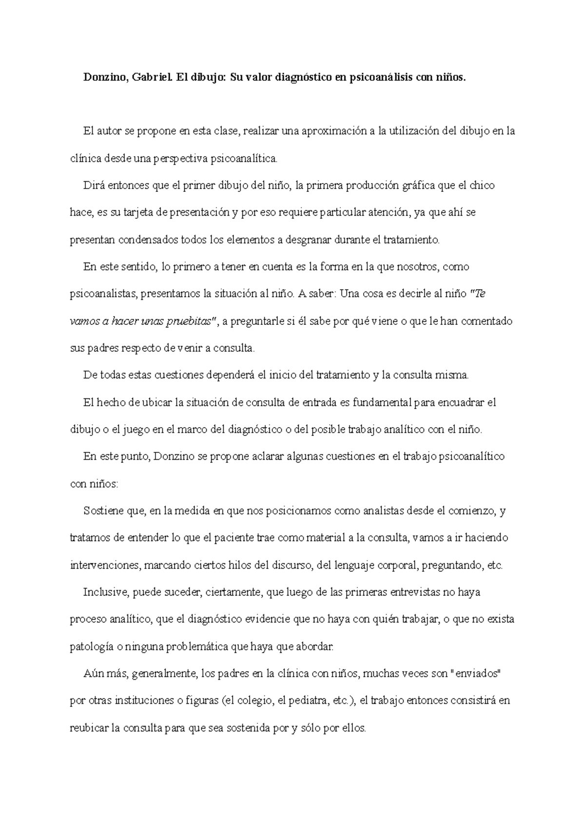 Apunte Donizo, G. El dibujo. Su valor diagnóstico en psicoanálisis con ...
