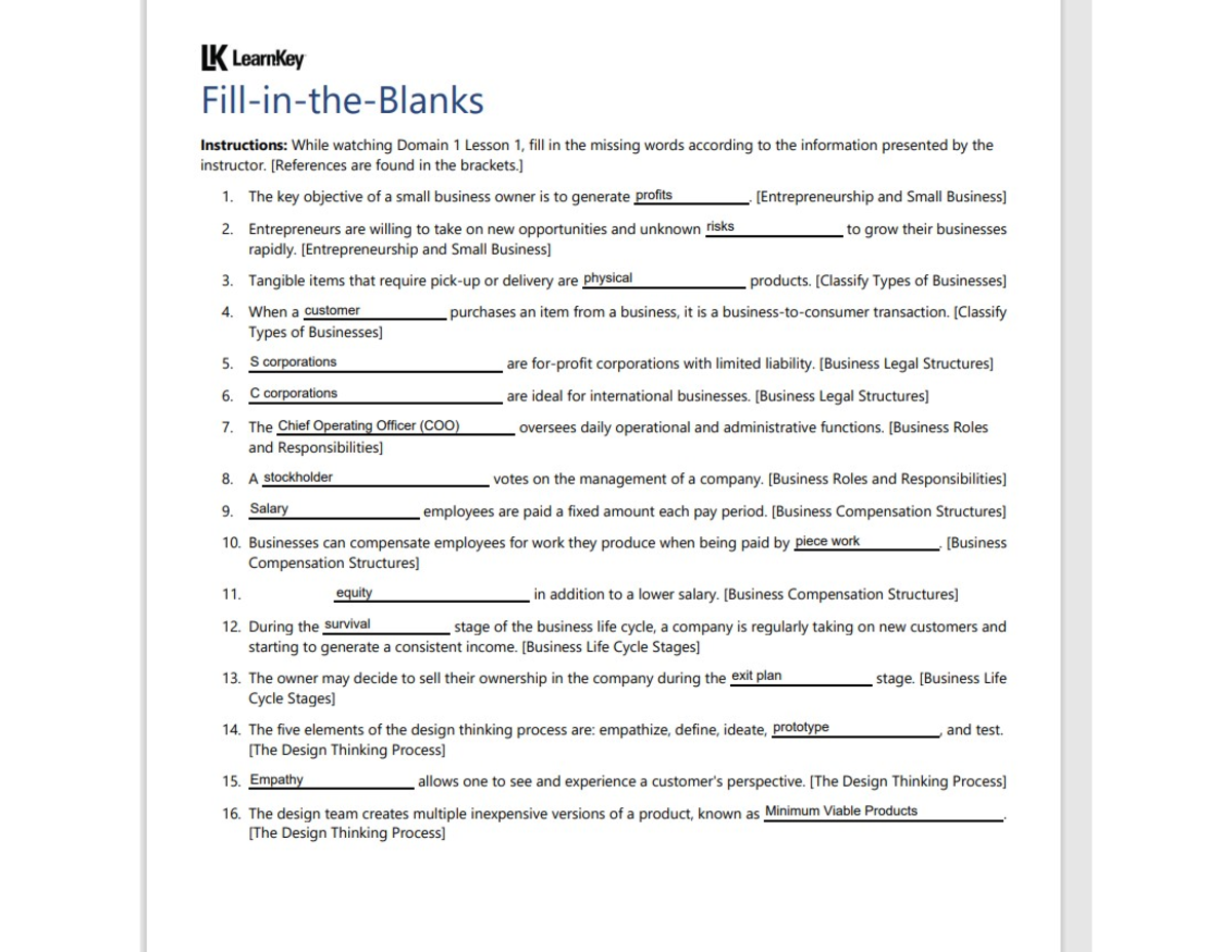 Domain 1 Lesson 1: Fill-in-the-Blanks Guide for LK LearnKey - Studocu