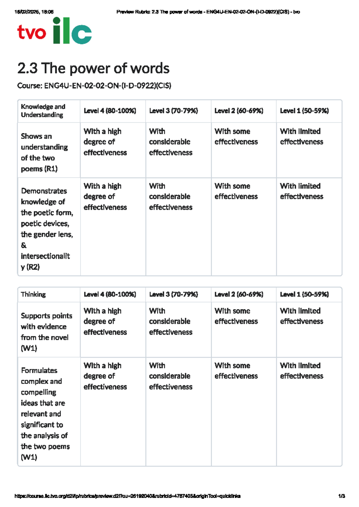 2.3 rubric - 18:06 Preview Rubric: 2 The power of words tvo tvo ilc 2 ...
