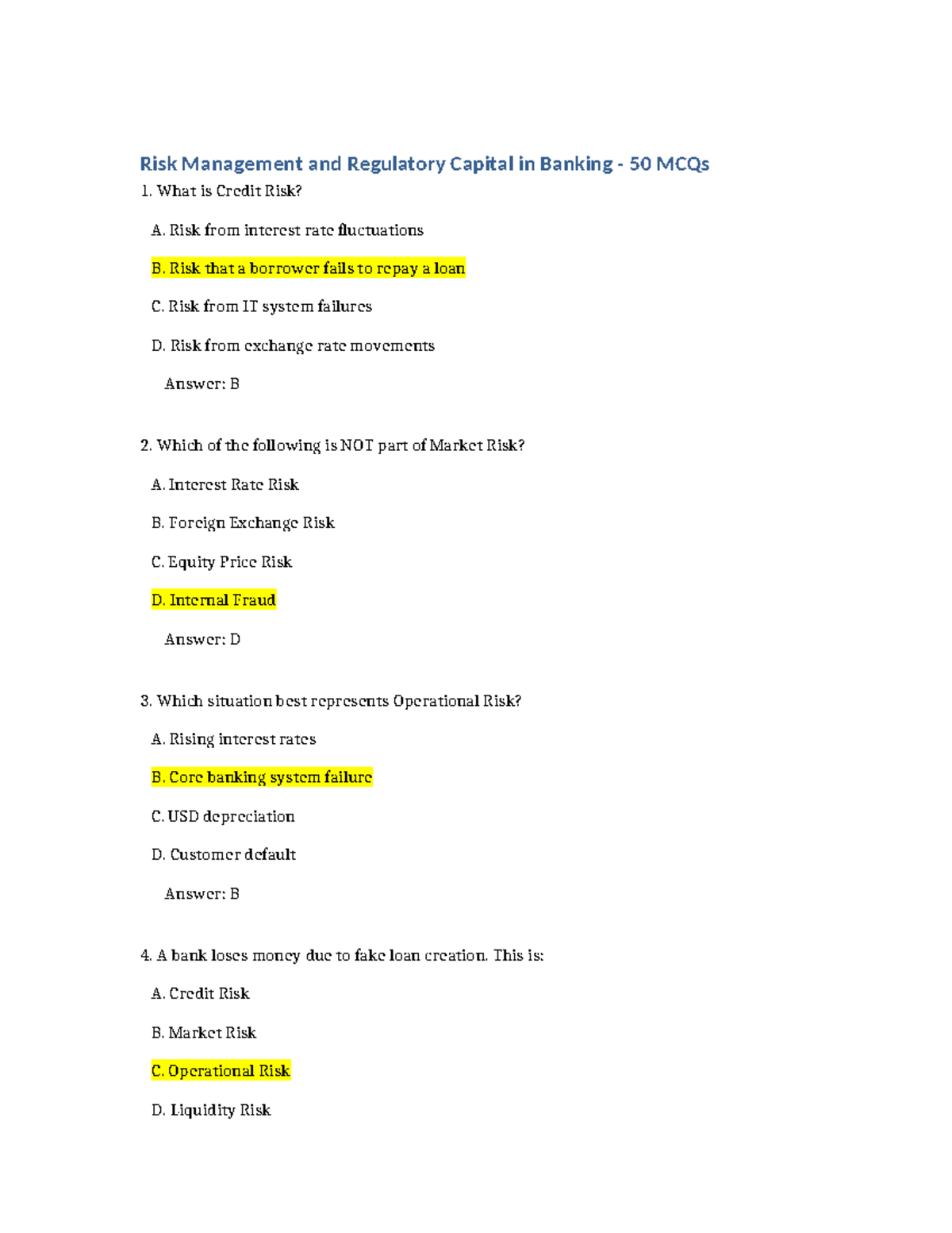 Bank Risk Management (Course Code: 50 MCQs) - Studocu