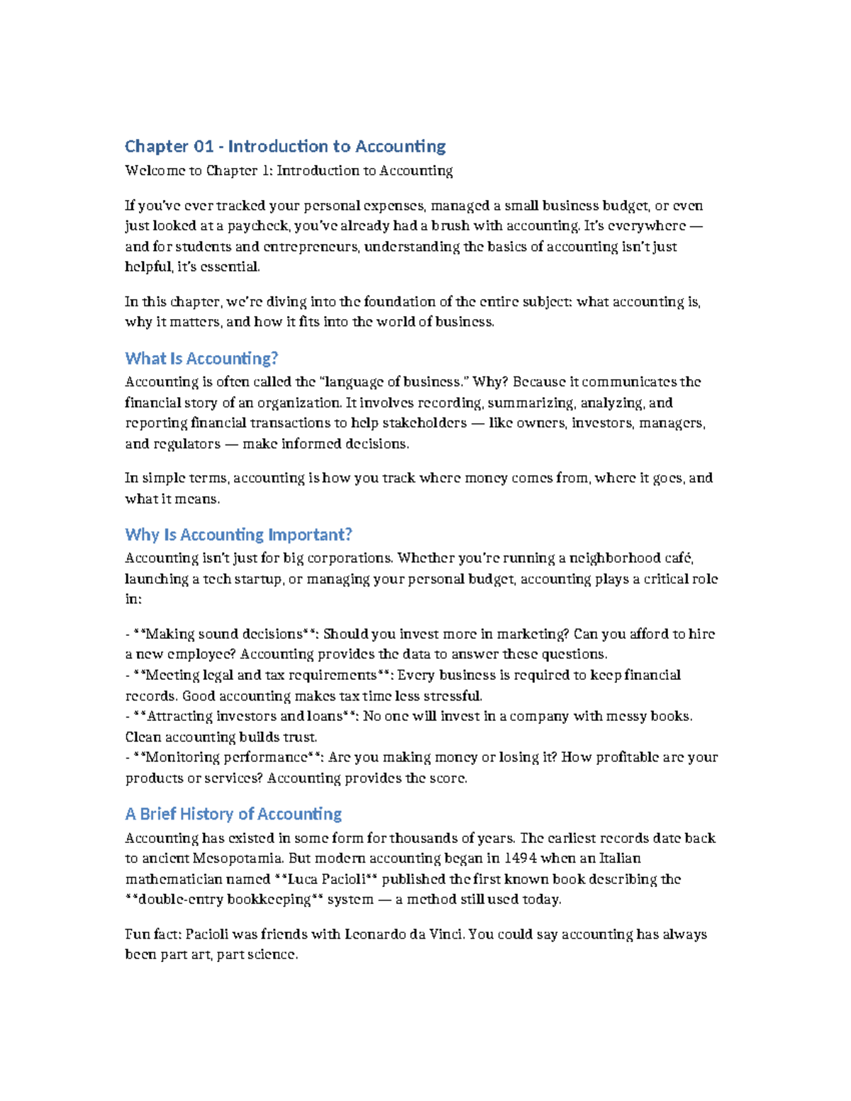 Chapter 01 - Intro to Accounting: Foundations & Importance - Studocu