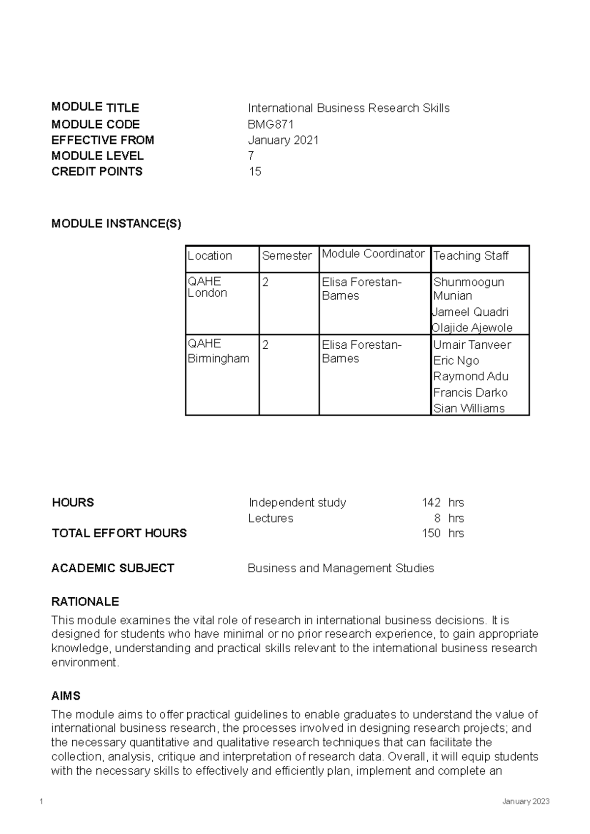 BMG871 CRN3523 Module handbook - MODULE TITLE International Business Research Skills MODULE CODE ...