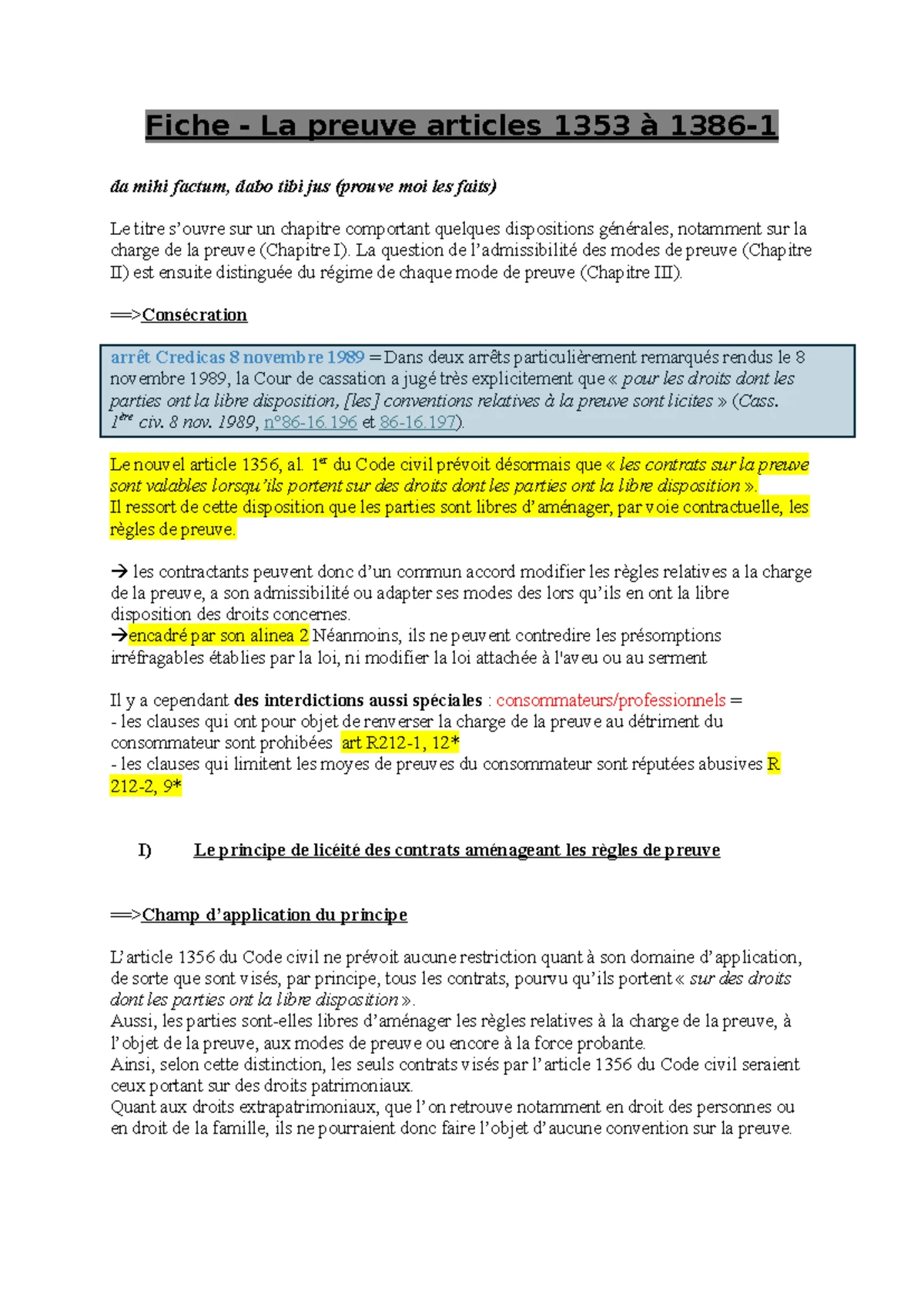 Fiche sur la Preuve en Droit Civil - Articles 1353 à 1386 - Studocu