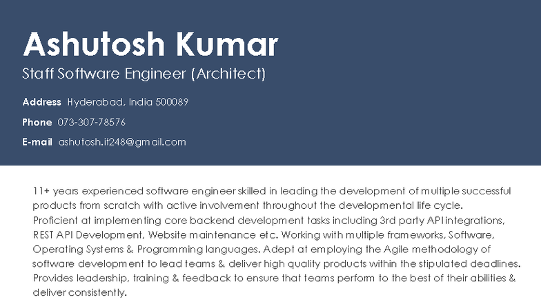 Ashutosh Kumar's Resume - Staff Software Engineer (Architect) - Studocu