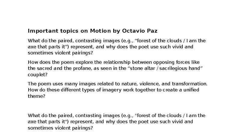 Important topics on Motion by Octavio Paz - , “forest of the clouds / I ...