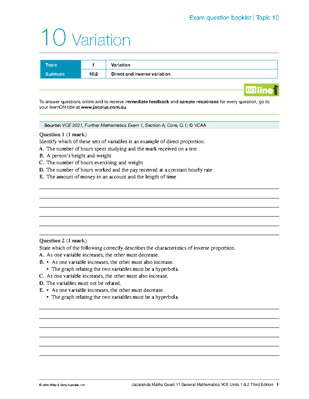 Further Mathematics VCE Units 1 & 2: Variation and Non-linear Data ...