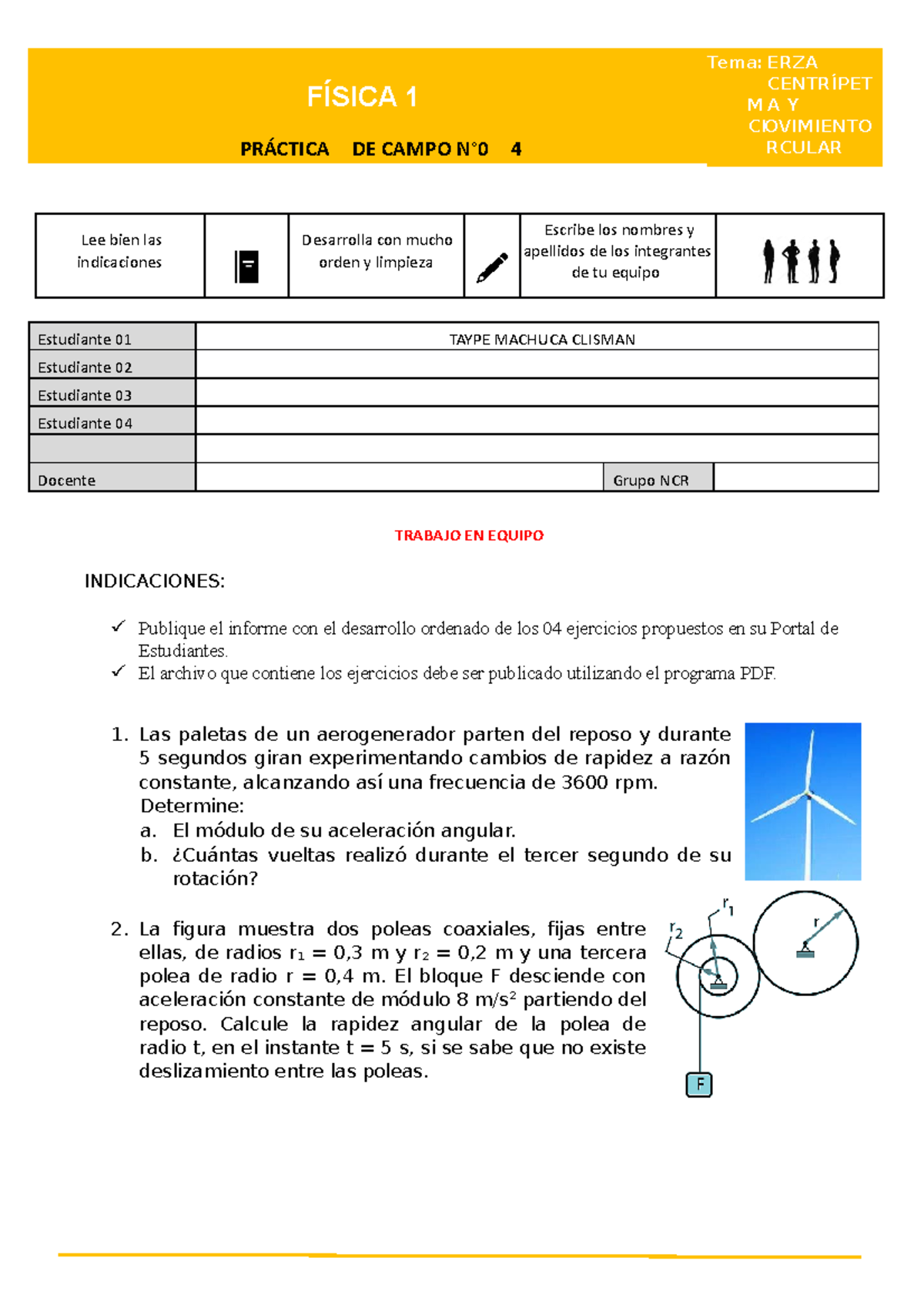 Práctica DE Campo N°04 - Grupo 6 - Tema: M CI ERZA CENTRÍPET A Y ...