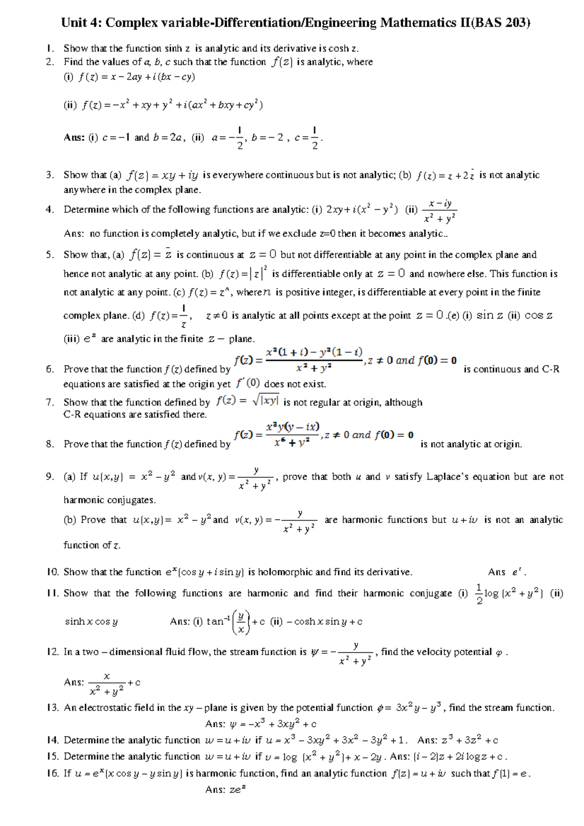 Unit 4 Math Practice Set: Complex Variables & Analytic Functions (Eng ...