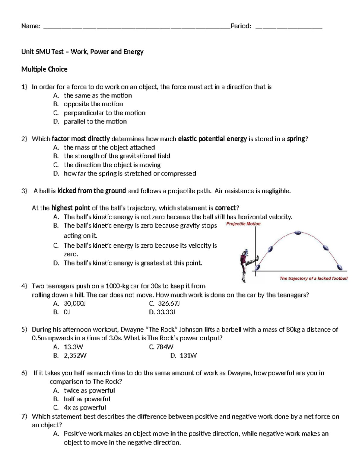 Unit 5MU Test - Work, Power, and Energy - Make Up Exam - Studocu