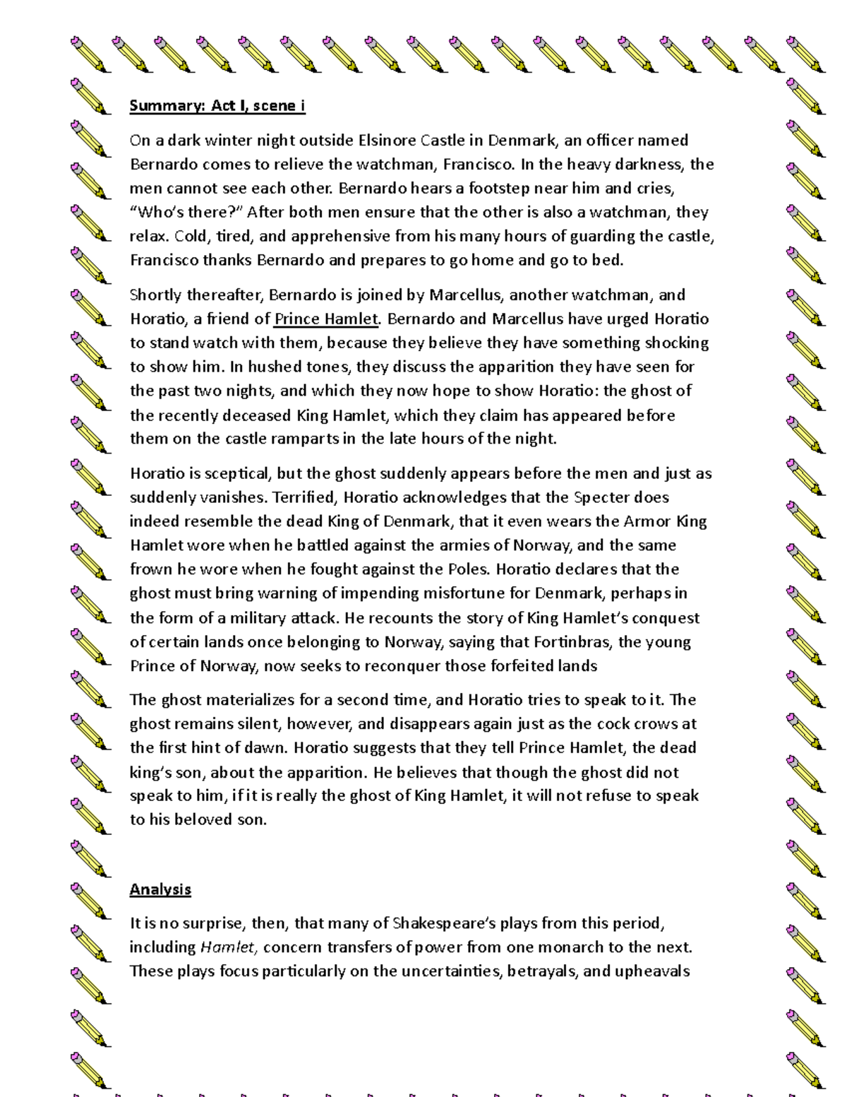 Hamlet (ENG 101): Summary and Analysis of Act I & II Scenes - Studocu