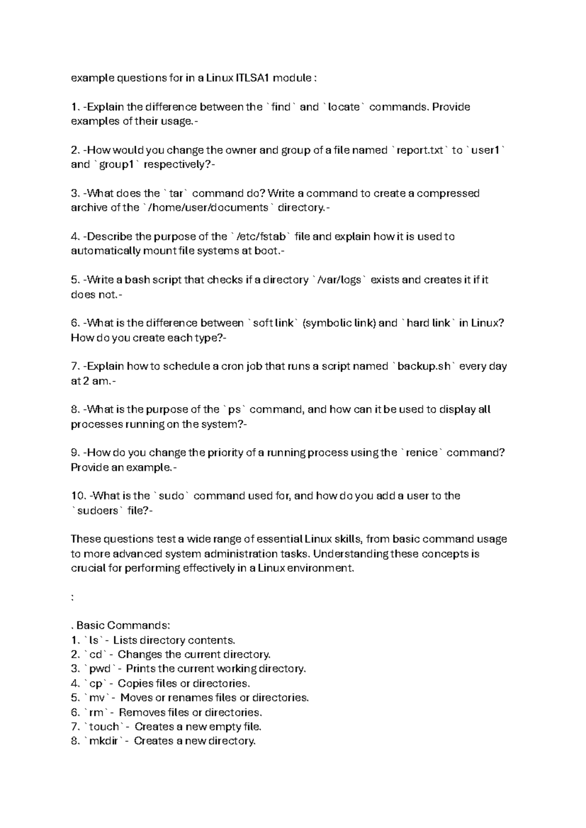 ITLSA1 Linux Final Exam Sample Questions and Key Concepts - Studocu