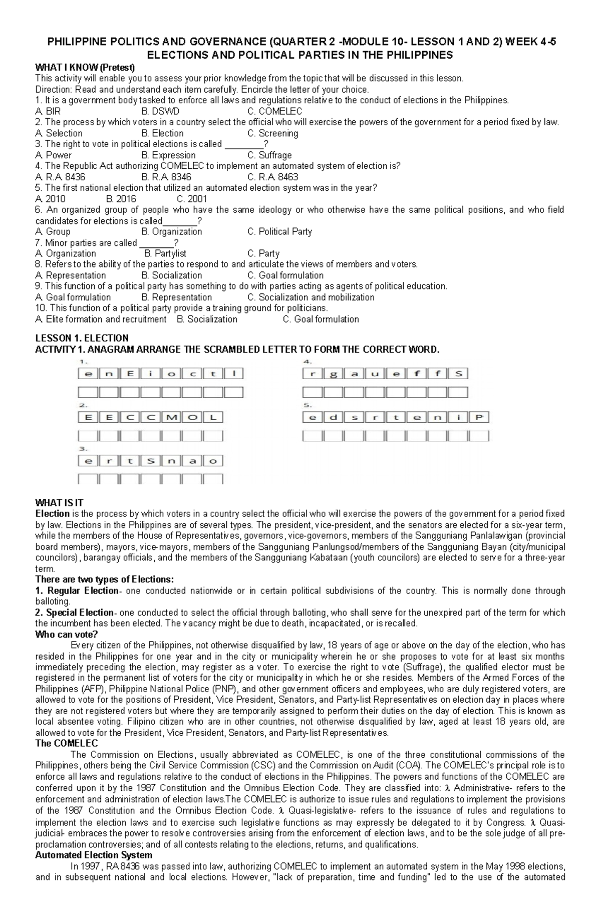 PHIL 101: Q2 Lesson 1 & 2 - Elections & Political Parties Pretest - Studocu