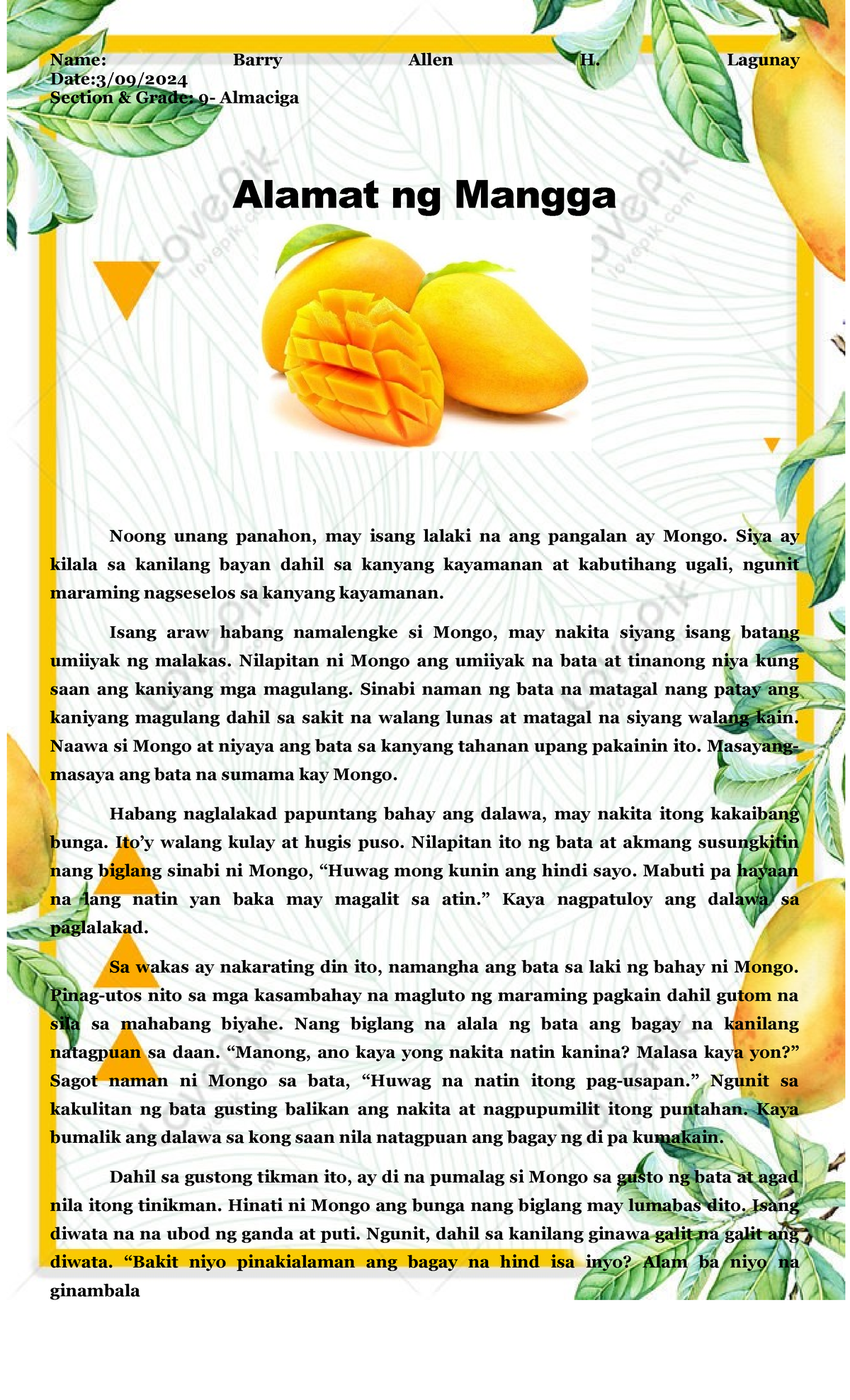 Alamat ng Mangga: Isang Kuwento ni Mongo - SDA - Studocu
