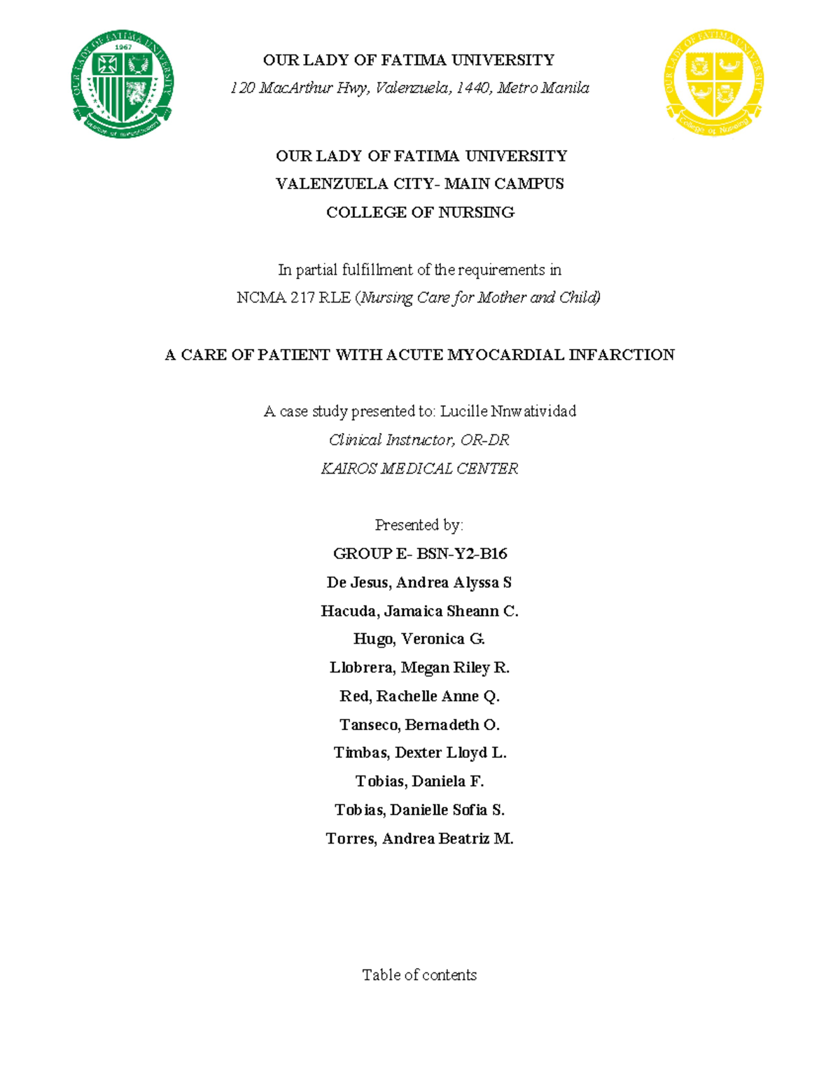 CASE Study Paper Draft - case stufy - OUR LADY OF FATIMA UNIVERSITY 120 ...