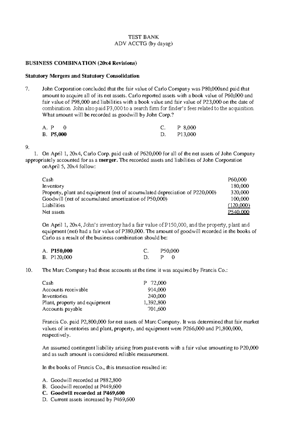 Business Combination Concepts and Practice Questions - ADV ACCTG - Studocu