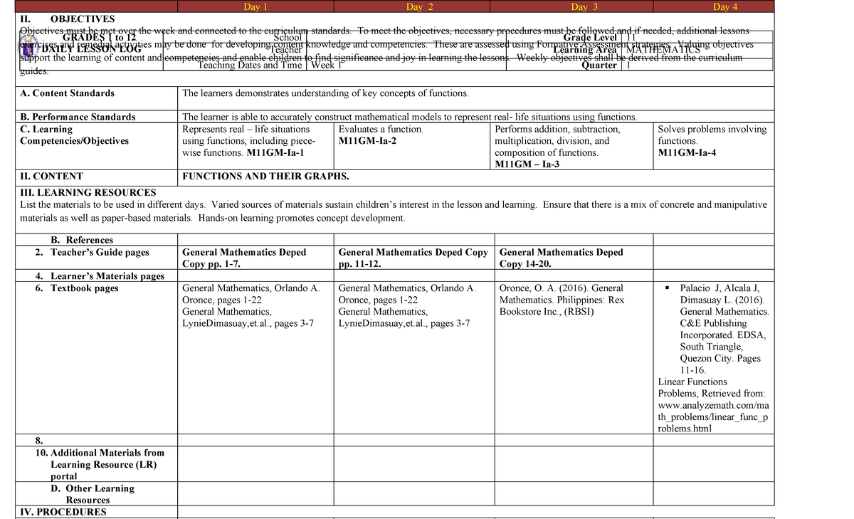DLL Gen Math Week 1: Objectives & Procedures for M11GM Functions - Studocu
