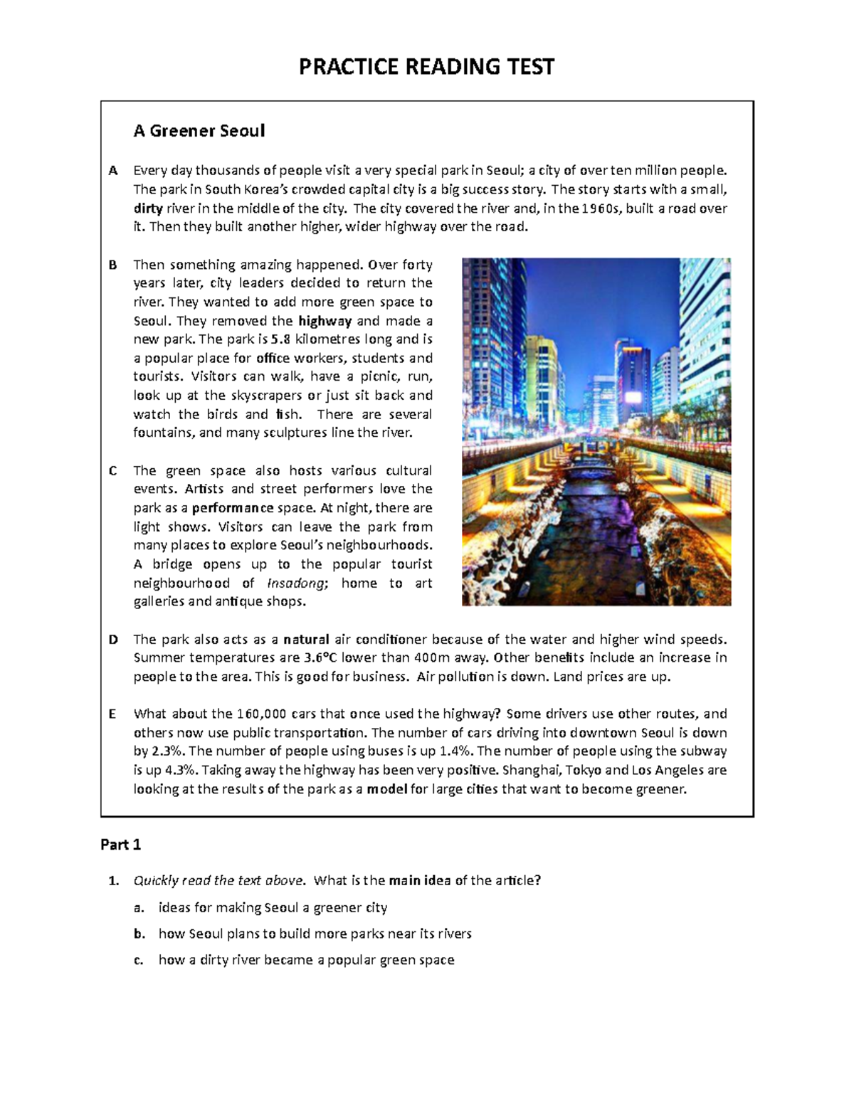 PRACTICE READING TEST: A Greener Seoul - Week 8 Reading Practice - Studocu