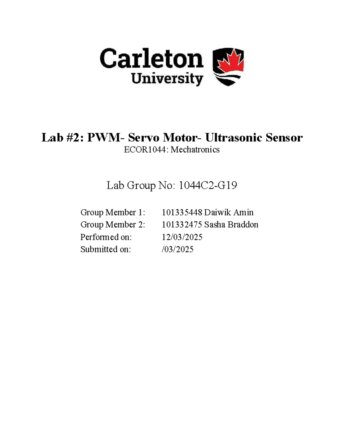 ECOR1044 Lab 2 PWM- Servo Motor- Ultrasonic Sensor - Lab #2: PWM- Servo ...