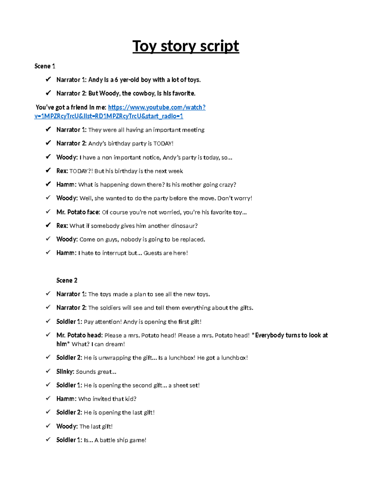 Toy Story Script - Play Year 1: Scenes and Narration - Studocu