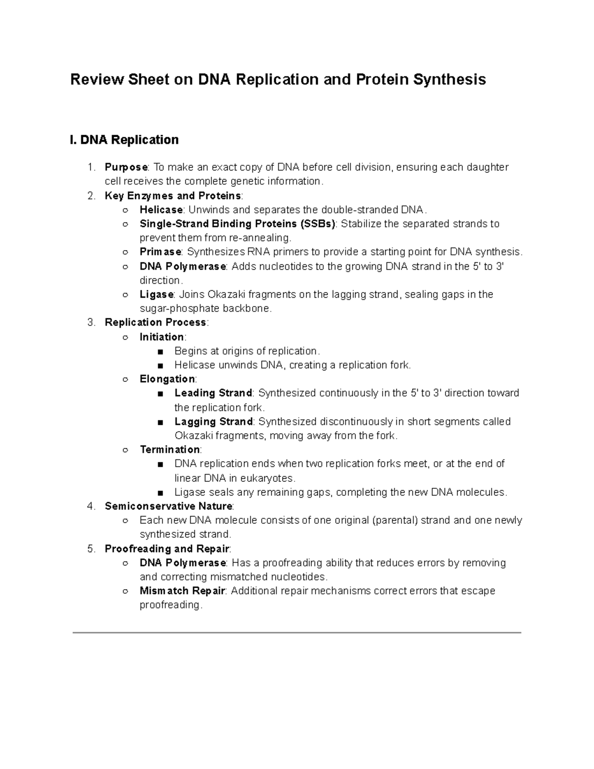 Review Sheet on DNA Replication and Protein Synthesis - DNA Replication ...