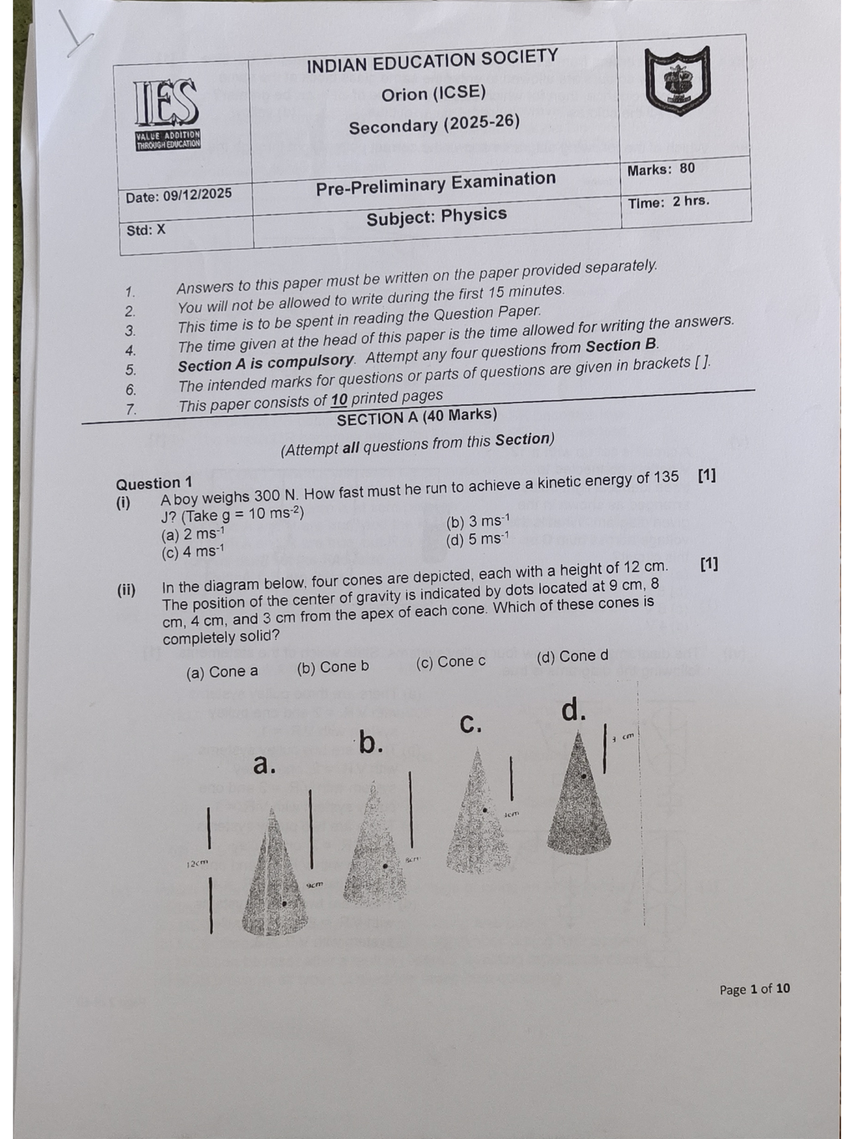 Physics IES Orion (ICSE) Value Addition Exam Paper - Std X - Studocu