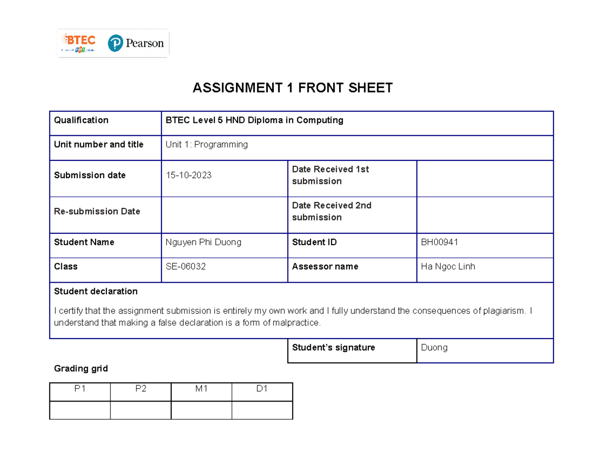 ASM 1 BTEC Level 5 HND in Computing: Programming Assignment - Studocu