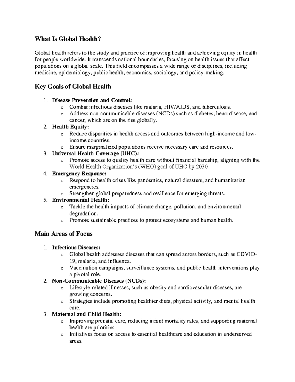 Global Health Overview: Key Goals, Challenges, and Importance - - Studocu