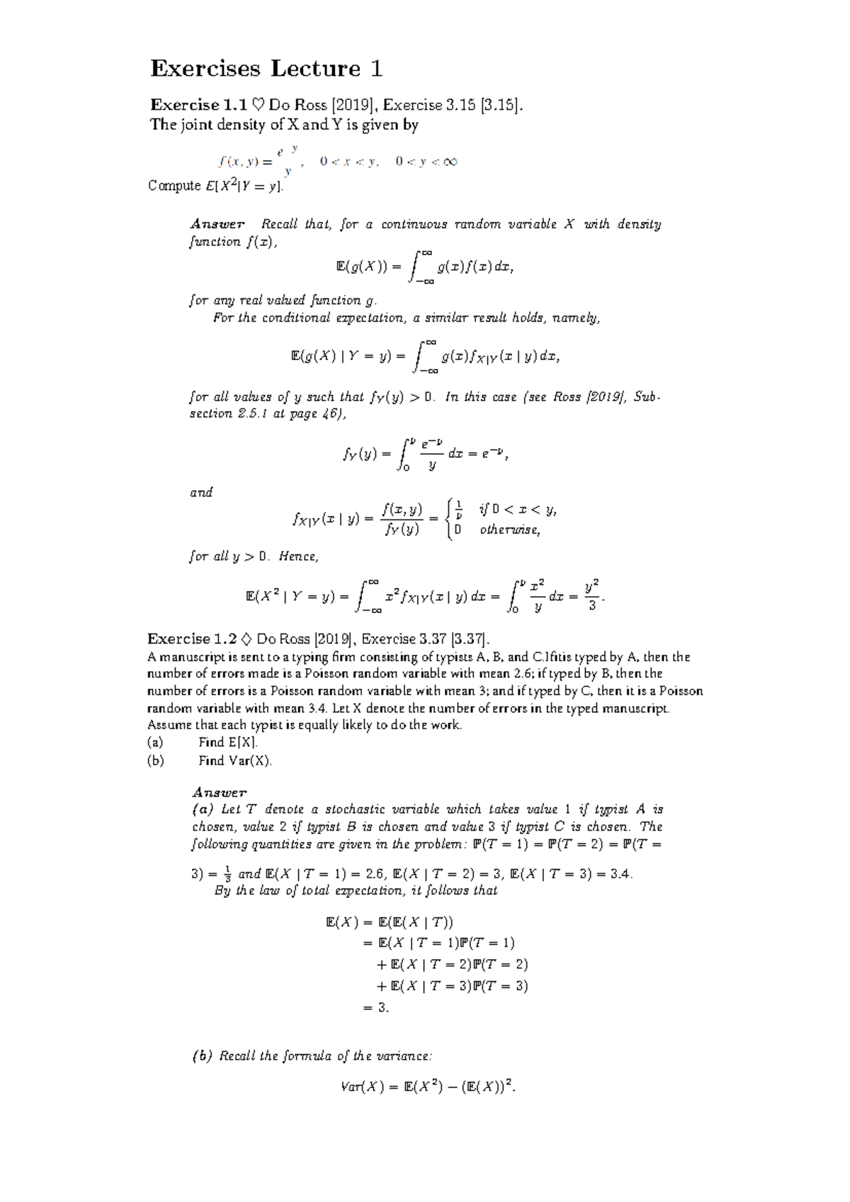 Lecture 1 & 2 Exercises Solutions in Probability - Ross [2019] - Studeersnel